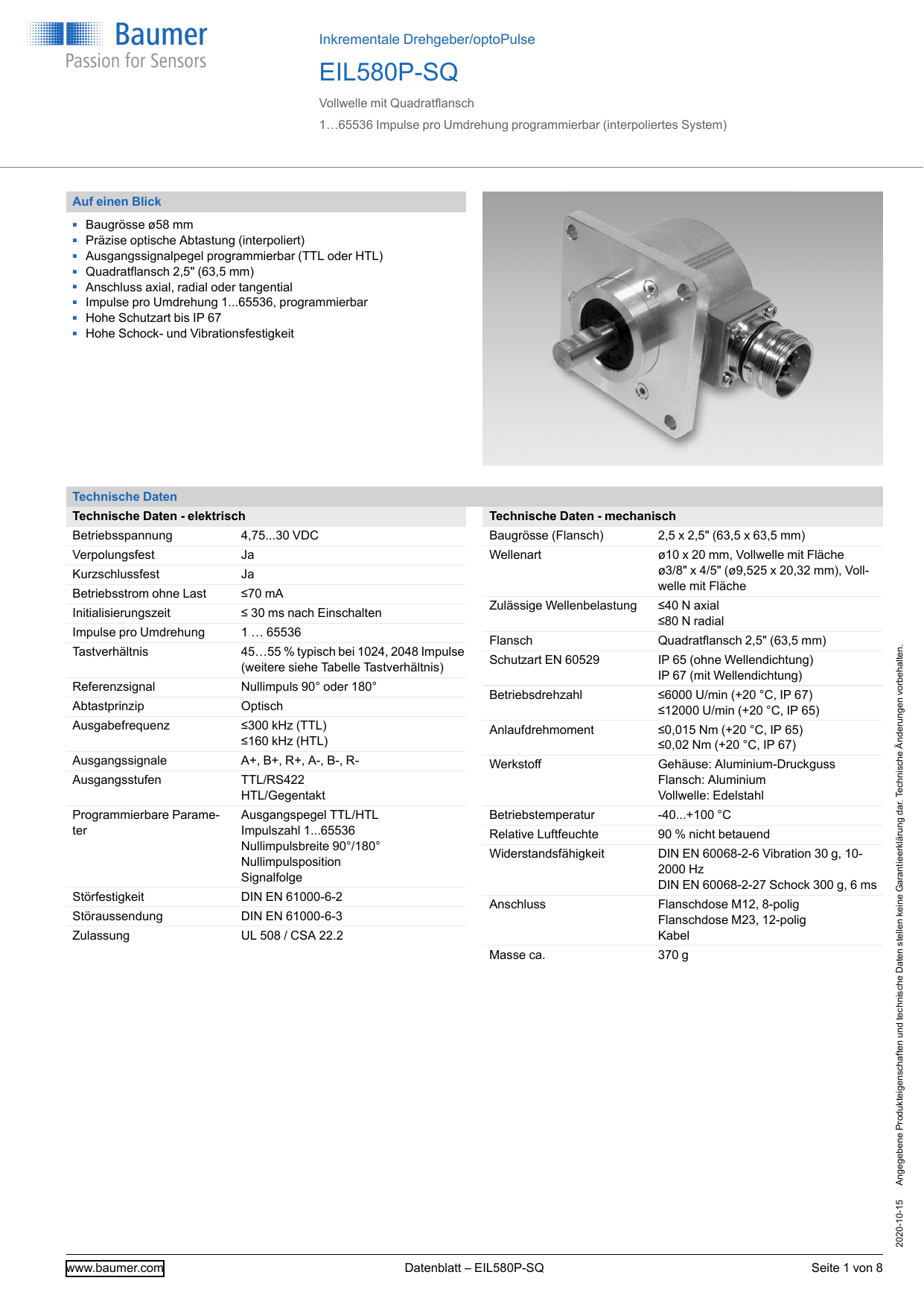 Baumer EIL580P-SQ Incremental encoder Datenblatt | Manualzz