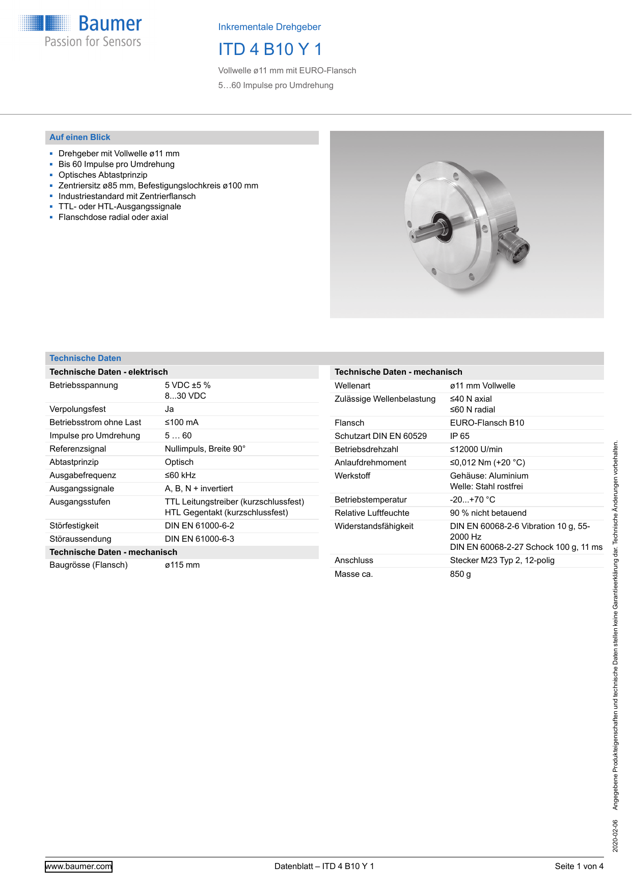 Baumer ITD 4 B10 Y 1 Incremental encoder Datenblatt | Manualzz