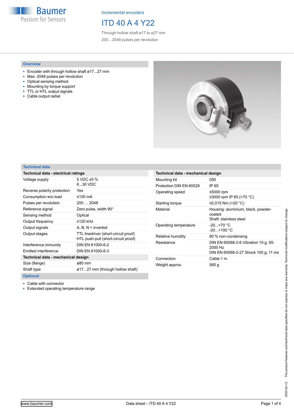 Baumer ITD 40 A 4 Y22 Datasheet | Manualzz