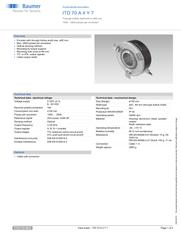 Baumer ITD 70 A 4 Y 7 Incremental encoder Data sheet | Manualzz
