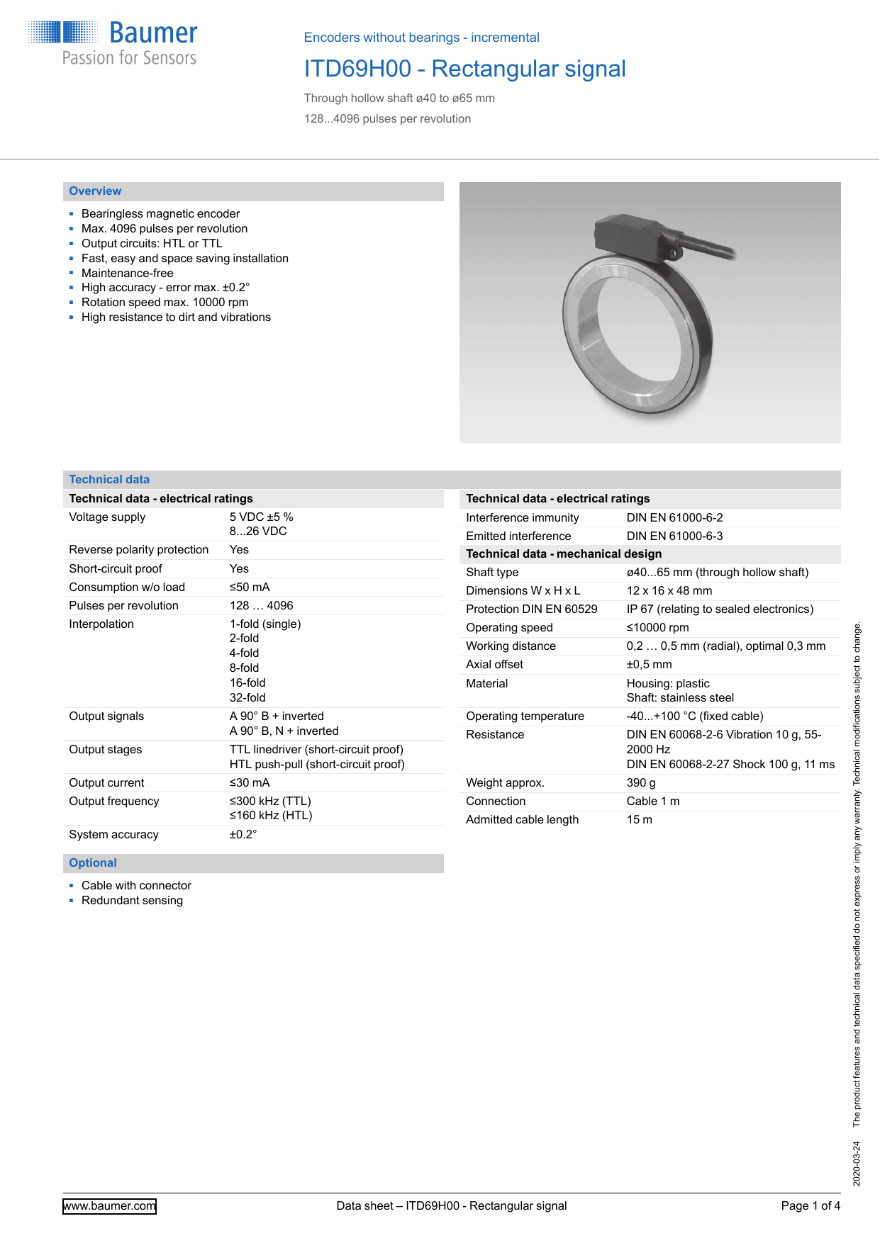Baumer ITD69H00 - Rectangular signal Encoder Data sheet | Manualzz