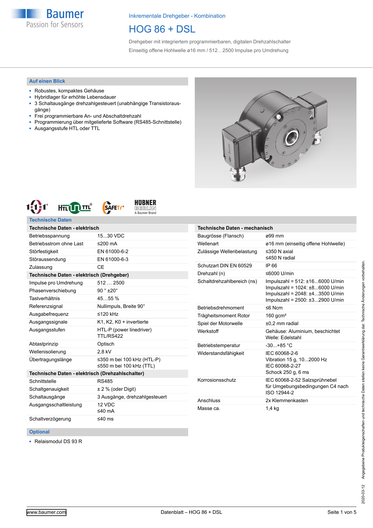 Baumer HOG 86 + DSL Incremental encoders - combination Datenblatt ...