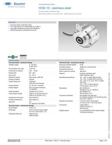 Baumer HOG 10 - stainless steel Incremental encoder Data sheet | Manualzz
