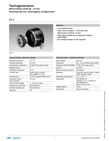 Baumer GT 5 Tachogenerator Data sheet | Manualzz