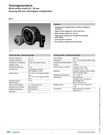 Baumer GT 7 Tachogenerator Data sheet | Manualzz