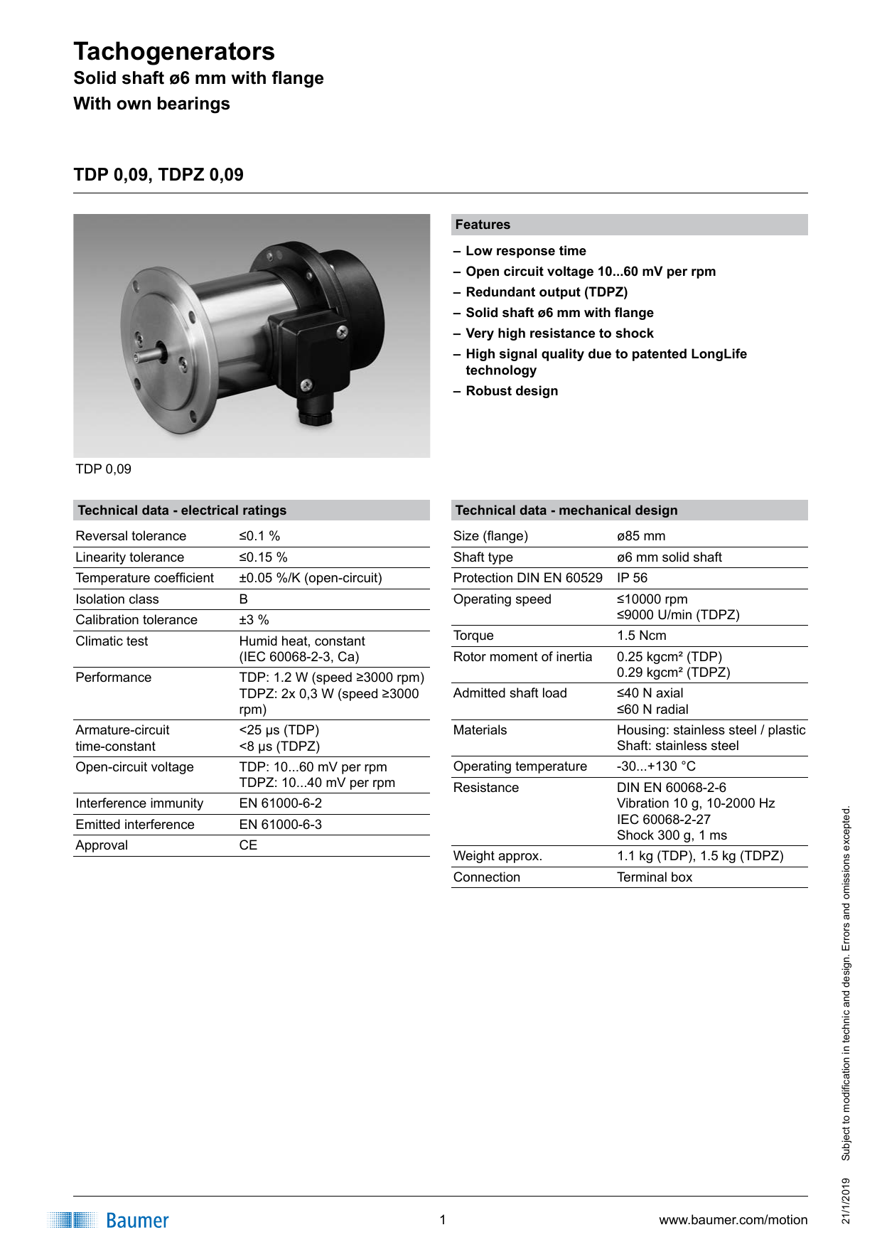 Baumer TDP 0,09, TDPZ 0,09 Tachogenerator Data sheet | Manualzz