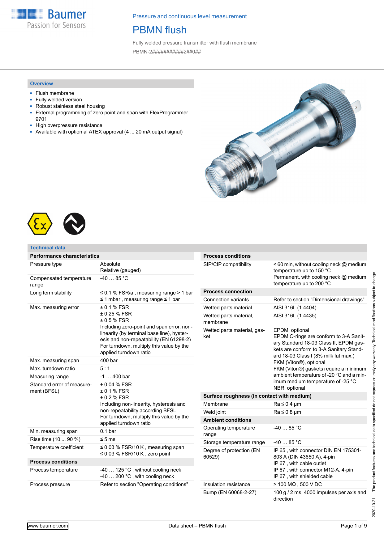 Baumer PBMN flush Pressure and continuous level measurement Data sheet ...