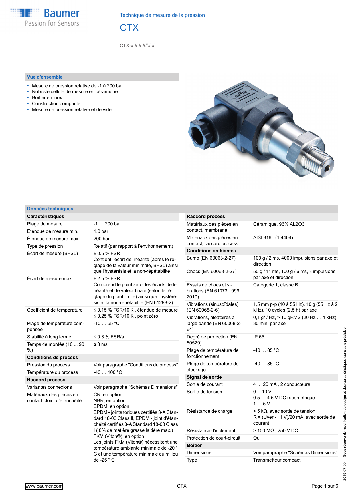 Baumer CTX Pressure measurement Fiche technique | Manualzz