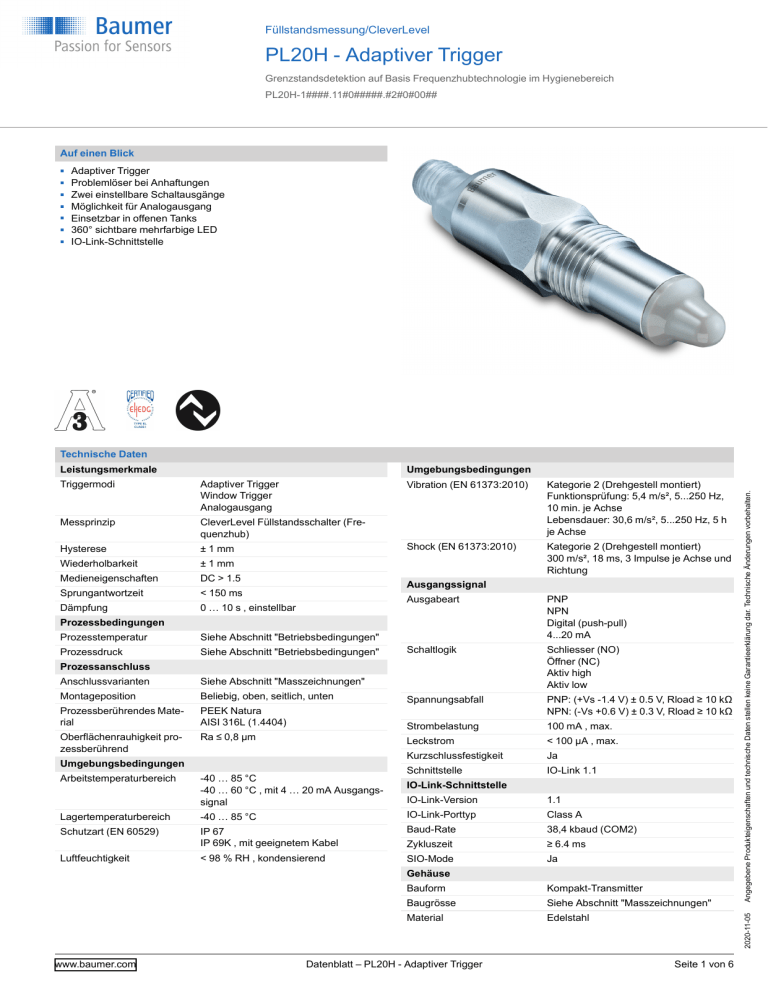 Baumer PL20H - Adaptive trigger Datasheet | Manualzz