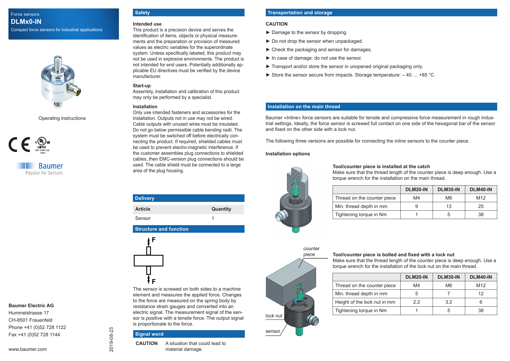 Baumer DLM40-IN Force sensor Installation and Operating Instructions ...