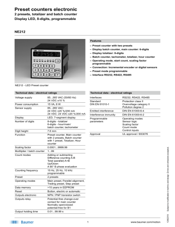 Baumer NE212 Preset counter Data sheet | Manualzz