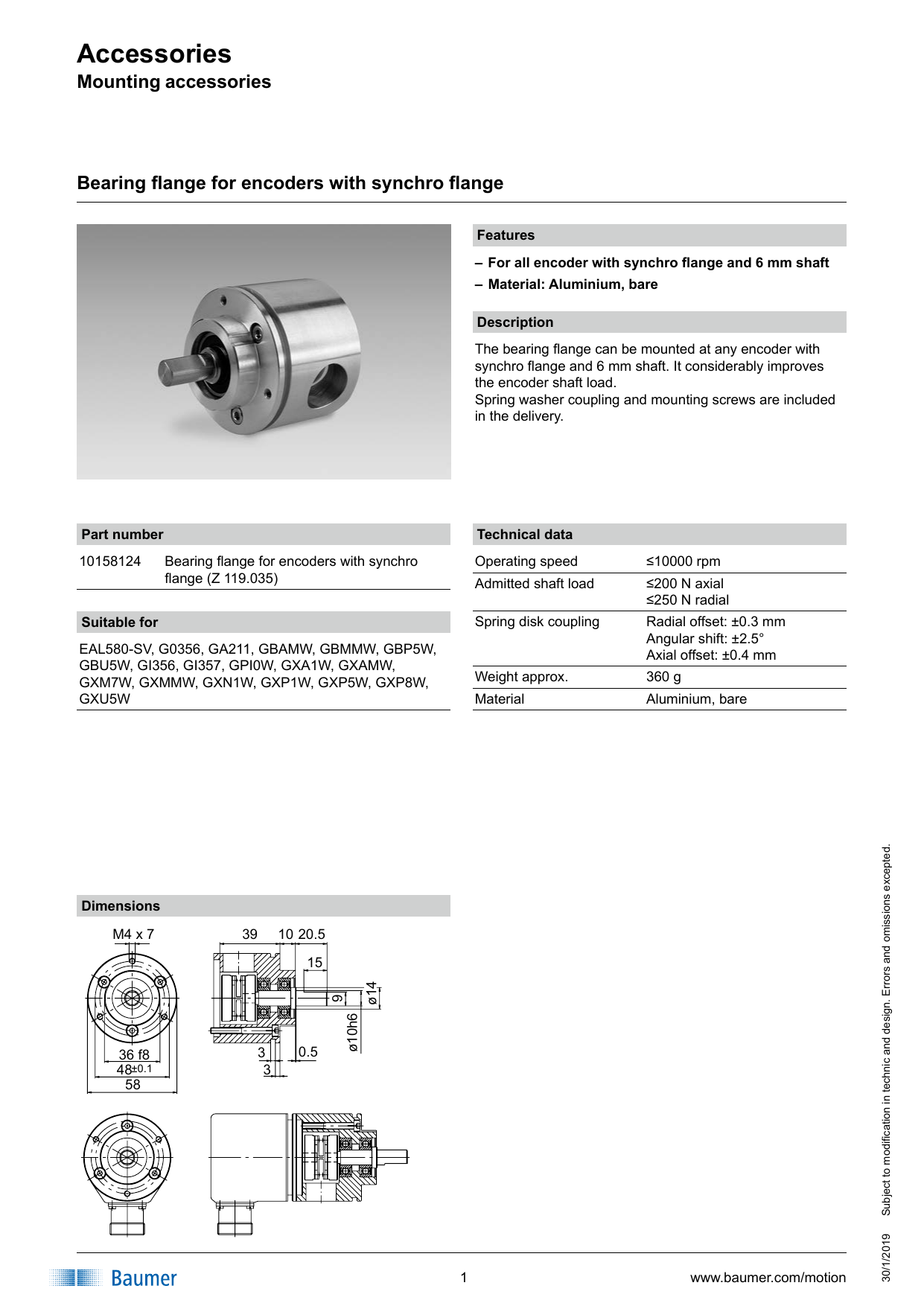 Baumer Bearing flange for encoders Mounting solid shaft encoder Data ...