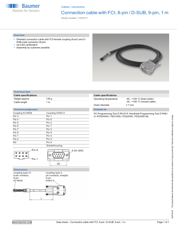 Baumer Connection cable Cables / connector Data sheet | Manualzz