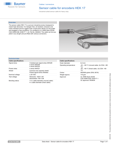 Baumer Sensor cable for encoders HEK 17 Cables / connector Data sheet ...
