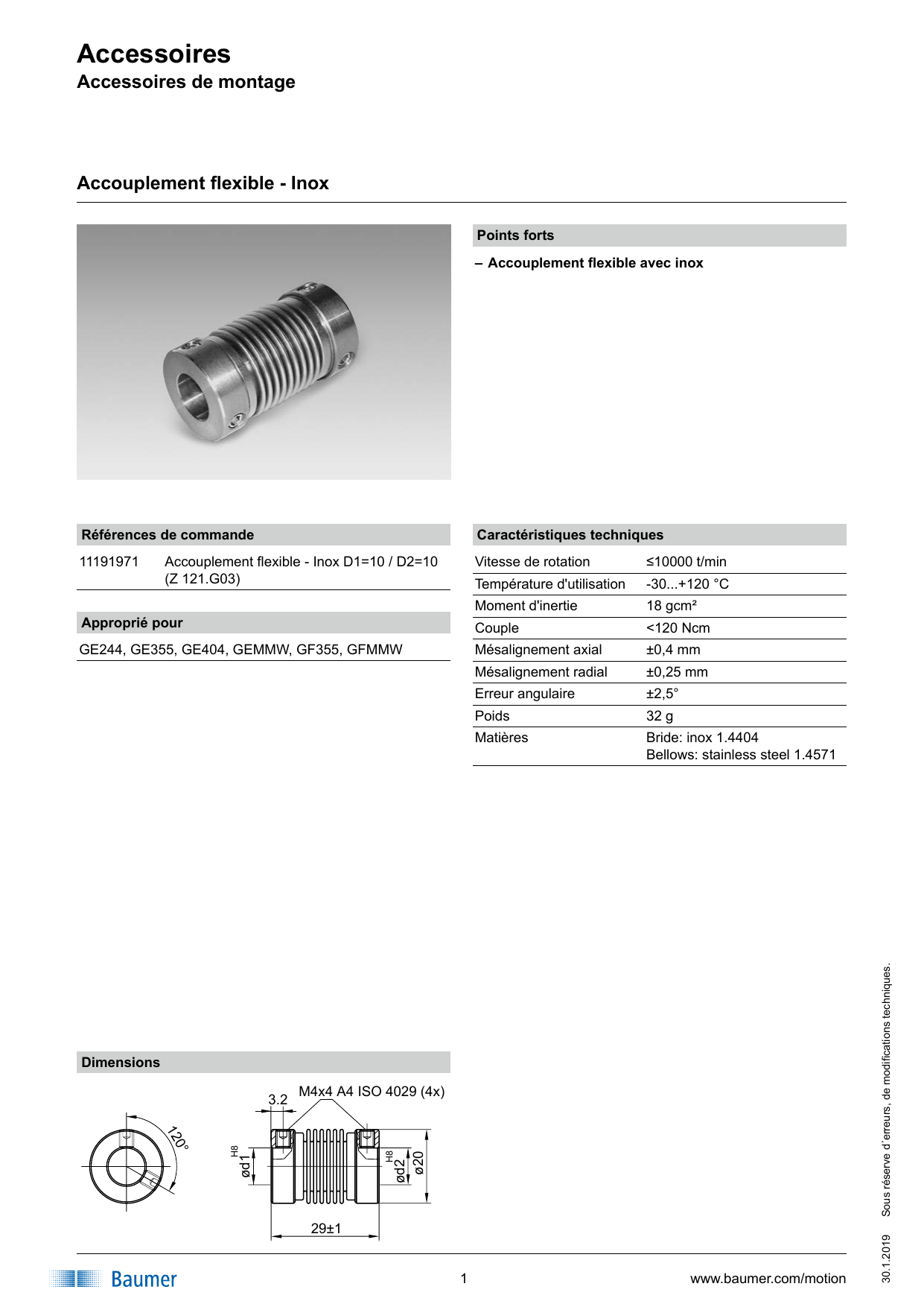 Baumer Spring washer coupling - stainless steel D1=10 / D2=10 (Z 121 ...