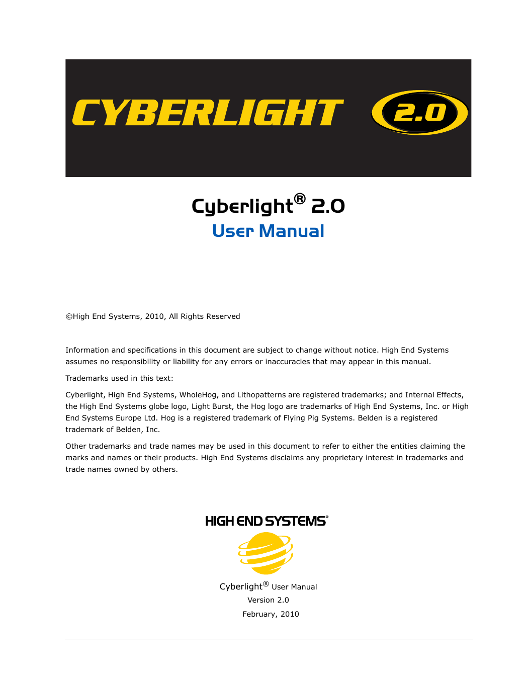 High End Systems Cyberlight 2.0 User Manual | Manualzz