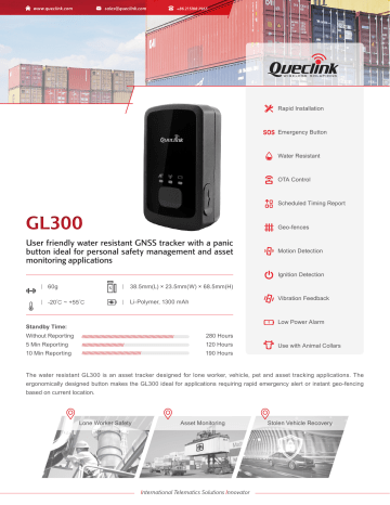 Queclink GL300 Advanced Real-Time Asset Tracker Spec Sheet | Manualzz