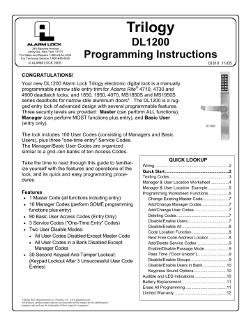 Alarm Lock Trilogy DL1200 Programming Instructions Manual | Manualzz