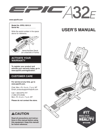 Epic Fitness A32e Elliptical, EPEL12912.3 Manual | Manualzz