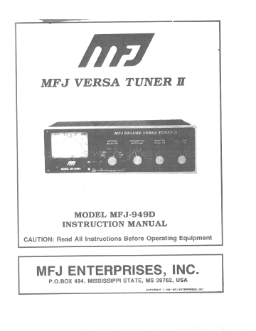 MFJ Versa Tuner II MFJ-949D Instruction Manual | Manualzz