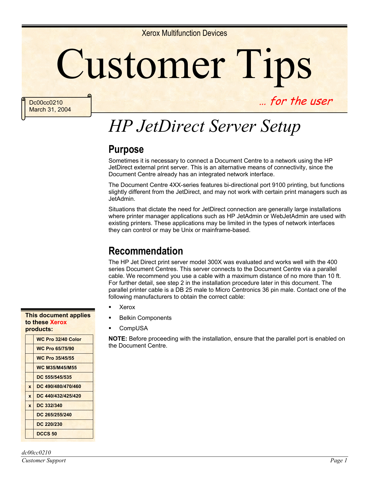 Xerox HP JetDirect 300X User manual | Manualzz