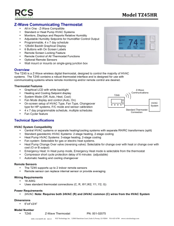 RCS TZ45HR Z-Wave Communicating Thermostat Spec Sheet | Manualzz
