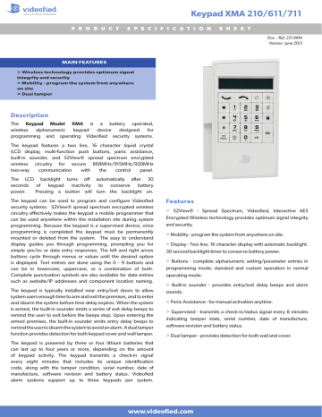 Videofied Vertical Alpha Keypad Spec Sheet | Manualzz