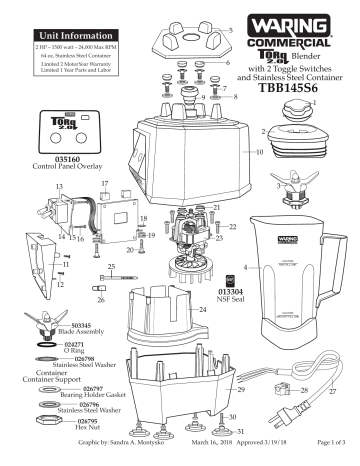 Waring TBB145S6 Torq 2.0 2-HP Blender Parts Diagram | Manualzz