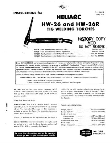 ESAB Heliarc HW-26 and HW-26R Tig Welding Torches Troubleshooting ...