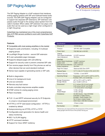 Cyberdata 011233 SIP Paging Adapter Datasheet | Manualzz