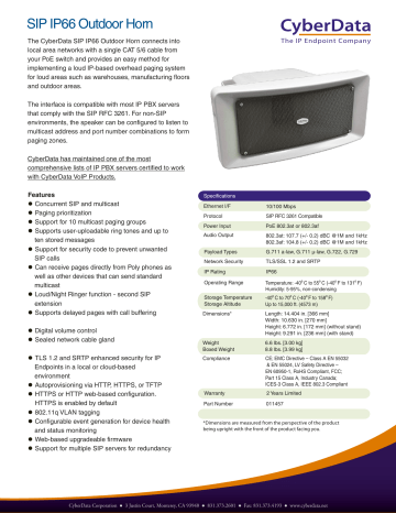 Cyberdata 011457 SIP IP66 Outdoor Horn Datasheet | Manualzz