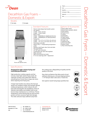 Frymaster Decathlon Gas Fryer Specification Sheet | Manualzz