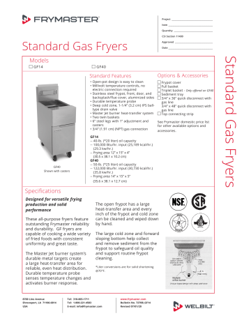 Frymaster GF14 and GF40 Gas Fryers Specification Sheet | Manualzz