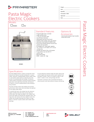 Frymaster Pasta Magic Electric Cookers Specification Sheet | Manualzz