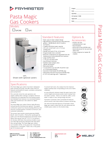 Frymaster Pasta Magic Gas Cooker Specification Sheet | Manualzz
