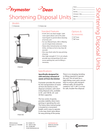 Frymaster Shortening Disposal Units Specification Sheet | Manualzz