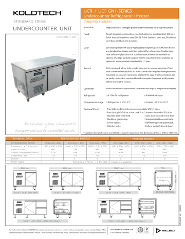 Koldtech UCR / UCF GN1-Series Undercounter Refrigerator / Freezer Specification Sheet | Manualzz
