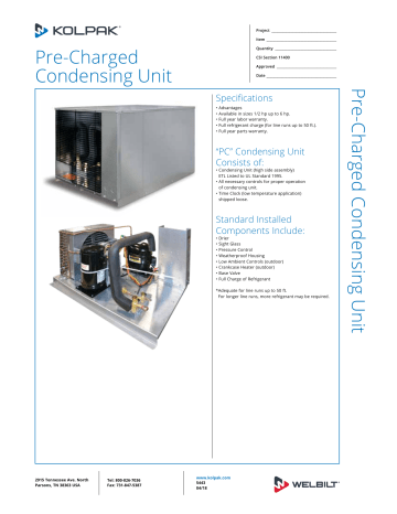 Kolpak Pre-Charged Condensing Unit Specification Sheet | Manualzz