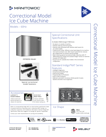 Manitowoc Ice Correctional Ice Machine Specification Sheet | Manualzz