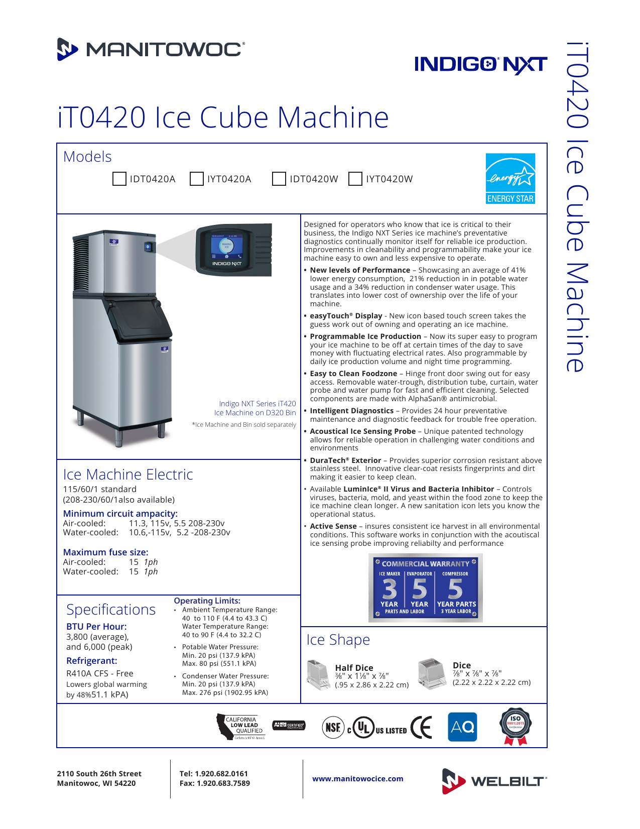 Manitowoc Ice INDIGO NXT - iT0420 Ice Cube Machine Specification | Manualzz