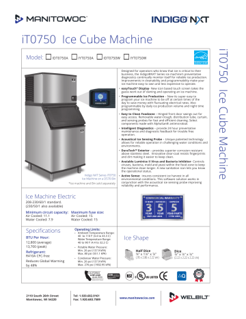 Manitowoc Ice INDIGO NXT - iT0750 Ice Cube Machine Specification Sheet ...
