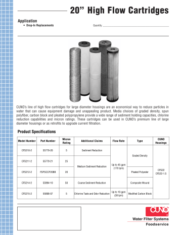 Multiplex Cuno 20'' High Flow Cartridges Specification Sheet | Manualzz