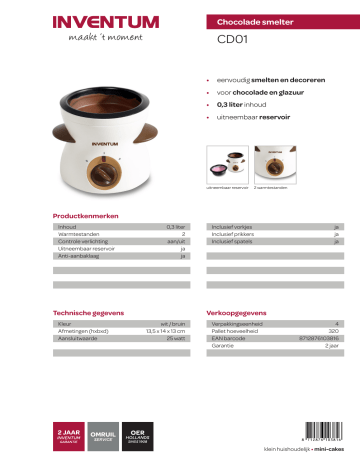 Inventum CD01 Chocola smelten met de Chocolade Smelter spetsifikatsioon ...