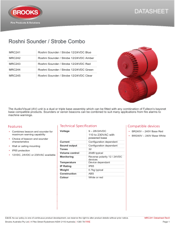Brooks MRC241 Roshni Sounder/Strobe Combo Spec Sheet | Manualzz