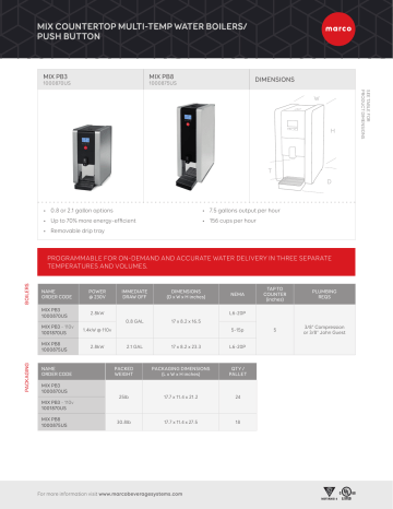 Marco MIX PB8 Water Boiler Spec Sheet | Manualzz