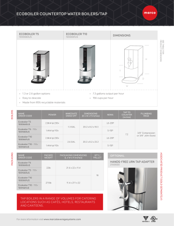 Marco Ecoboiler T10 Water Boiler Spec Sheet | Manualzz