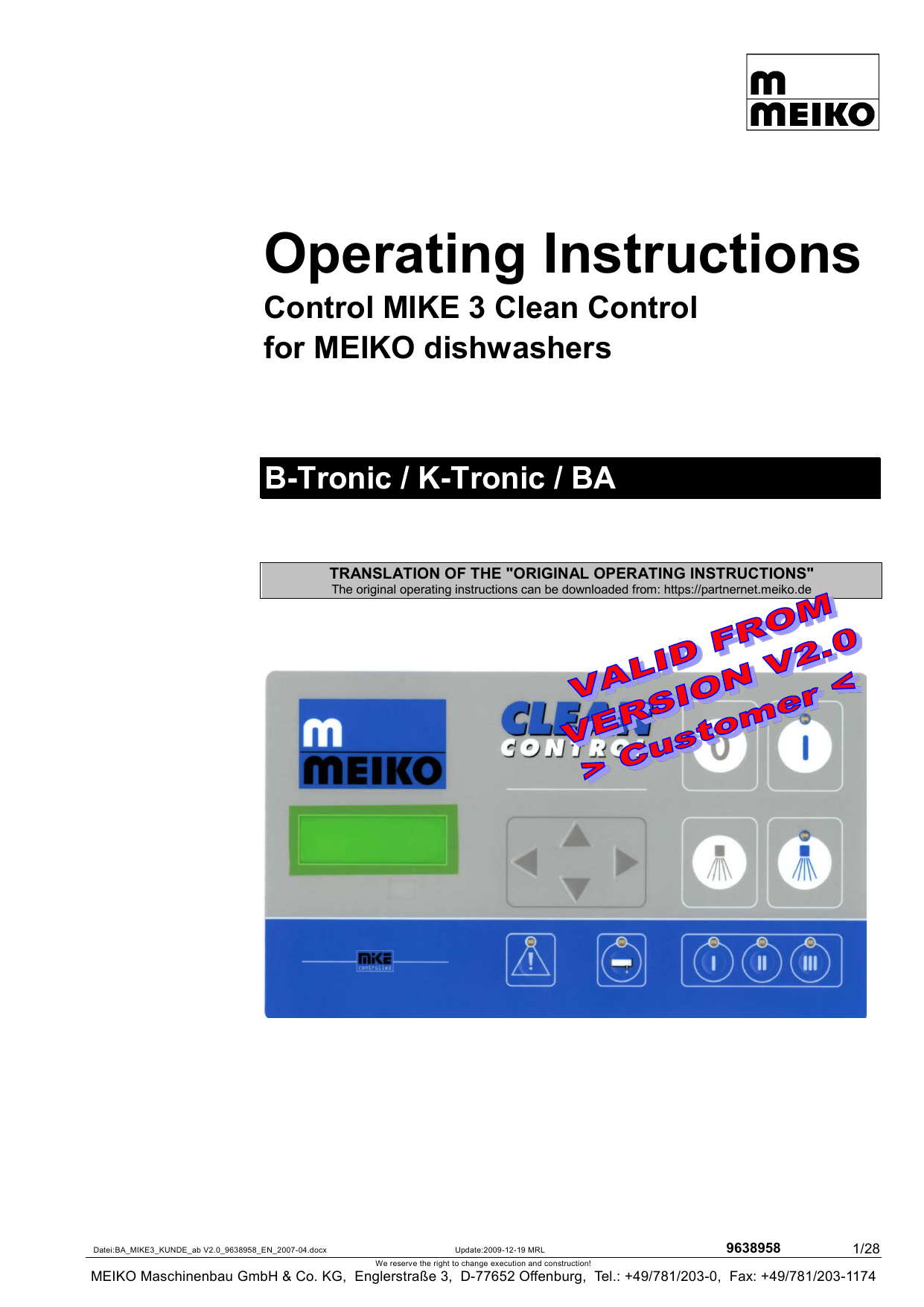 Meiko Control MIKE 3 Clean Control Operating Instructions | Manualzz