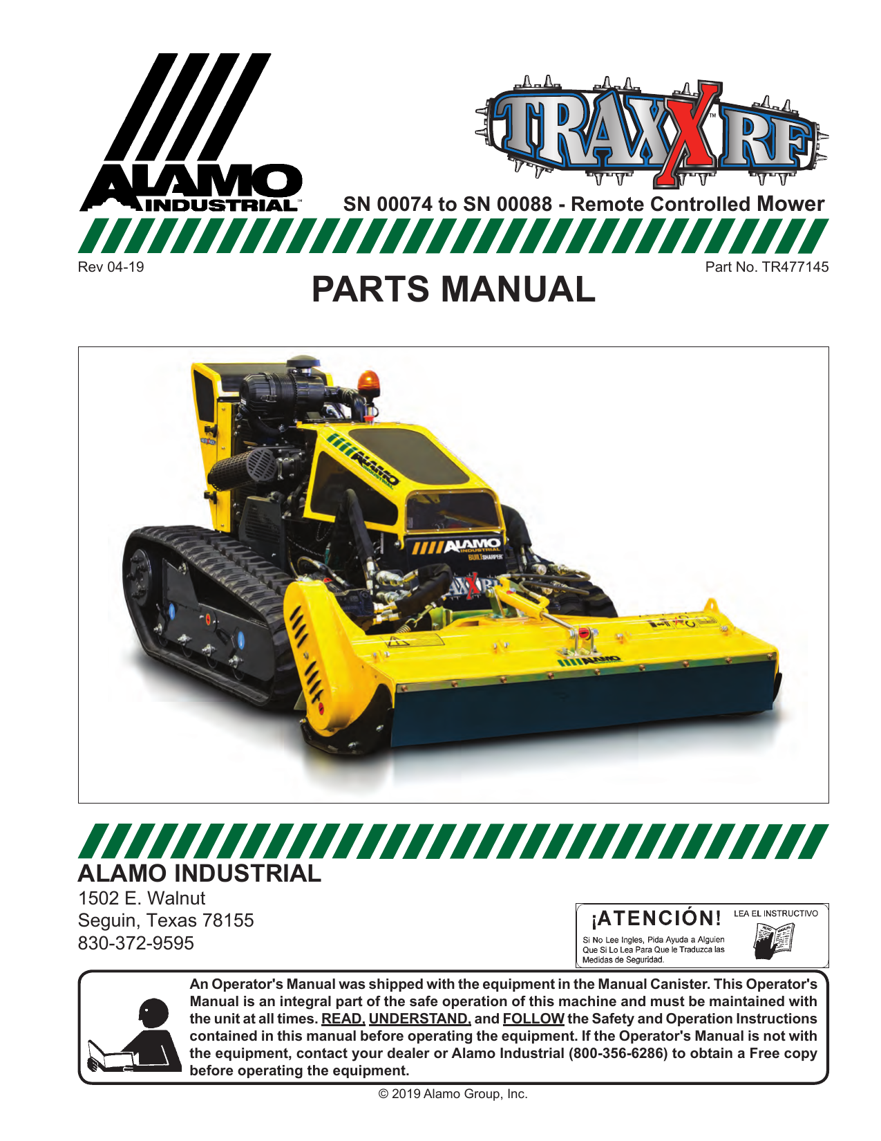 Alamo Industrial TRAXX RF SN 00074 to SN 00088 Parts Manual | Manualzz