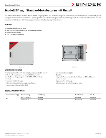 Binder BF 115 Standard-Inkubatoren Datenblatt | Manualzz