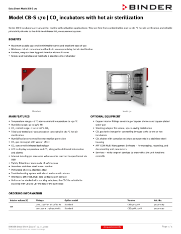 Binder CB-S 170 CO2 incubator Data Sheet | Manualzz